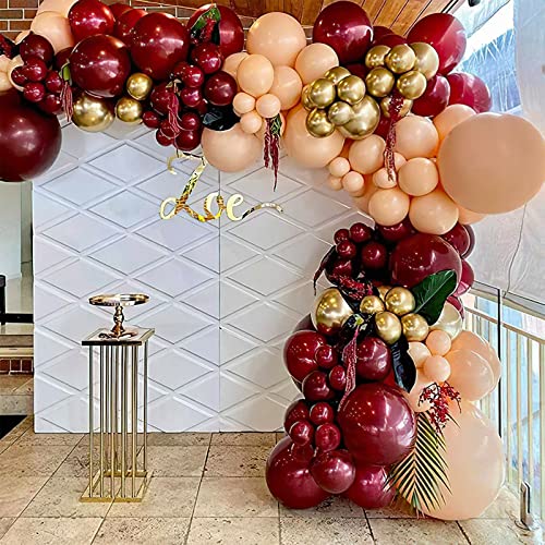 Wine Burgundy Balloon Garland Kit, 12" 5" Burgundy Balloons Gold Confetti Balloon 16 Feet Balloon Strip Tape Set for Burgundy Theme Party Wedding Decorations