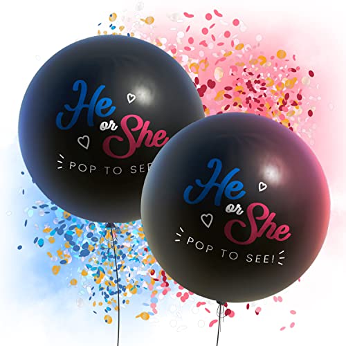 Gender Reveal Balloon 36" – Two Sets of Designed, Sphere Balloons with 2 Packs Pink and Blue Confetti for Boy or Girl Baby Reveal (Pink & Blue)