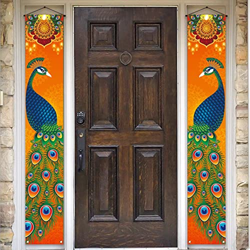 Diwali Porch Banner Deepavali Festival of Lights Peacock Indian Holiday Party Front Door Wall Hanging Banner Decoration