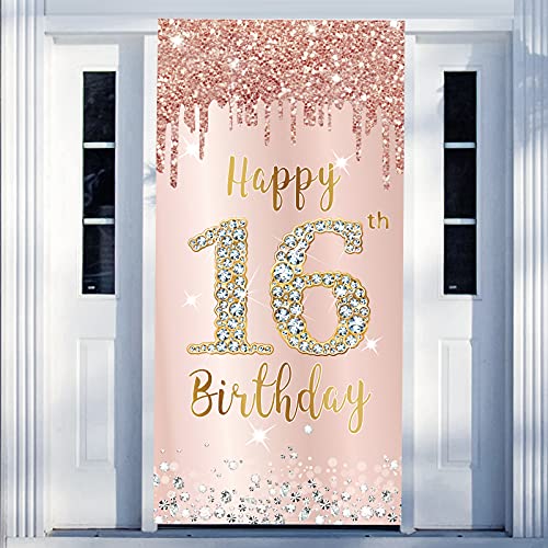 16th Birthday Door Banner Decorations for Girls, Pink Rose Gold Sweet 16 Birthday Door Cover Backdrop Party Supplies, Large Happy Sixteen Year Old Birthday Poster Sign Decor