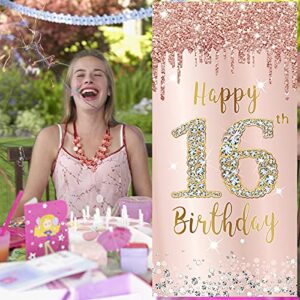 16th Birthday Door Banner Decorations for Girls, Pink Rose Gold Sweet 16 Birthday Door Cover Backdrop Party Supplies, Large Happy Sixteen Year Old Birthday Poster Sign Decor