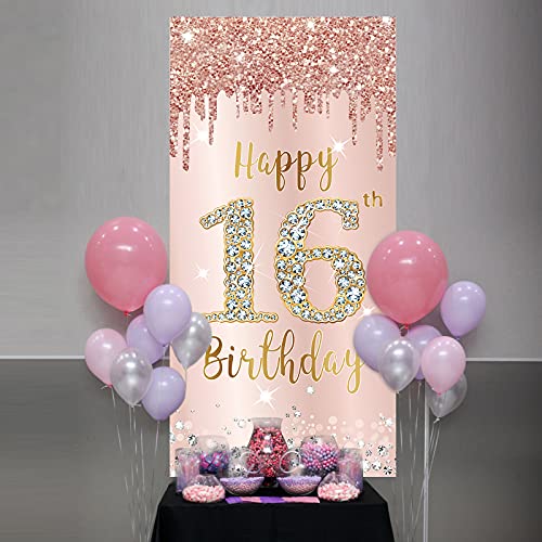 16th Birthday Door Banner Decorations for Girls, Pink Rose Gold Sweet 16 Birthday Door Cover Backdrop Party Supplies, Large Happy Sixteen Year Old Birthday Poster Sign Decor