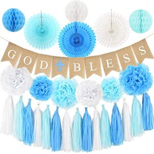 baptism decorations for boy – first communion decor – god bless high quality burlap banner with blue cross, honeycomb, paper fan, paper tassel, pompoms – bautizo decorations by antsik’aby