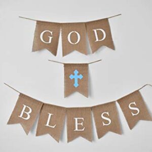 Baptism Decorations for Boy - First Communion Decor - God Bless High Quality Burlap Banner With Blue Cross, Honeycomb, Paper fan, Paper Tassel, Pompoms - Bautizo Decorations By Antsik'Aby