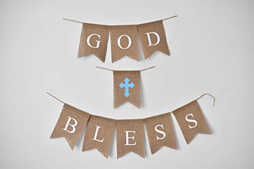 Baptism Decorations for Boy - First Communion Decor - God Bless High Quality Burlap Banner With Blue Cross, Honeycomb, Paper fan, Paper Tassel, Pompoms - Bautizo Decorations By Antsik'Aby