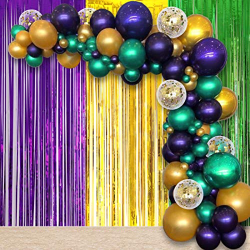 110 Pack Mardi Gras Balloons Party Decorations Purple Green Gold Balloon Garland Arch Kit Fringe Curtains for Mardi Gras Birthday Baby Shower Decorations Supplies