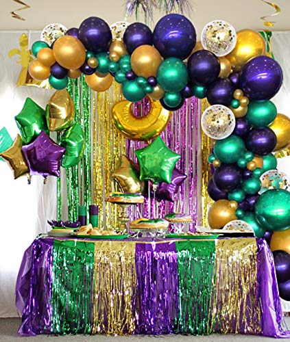 110 Pack Mardi Gras Balloons Party Decorations Purple Green Gold Balloon Garland Arch Kit Fringe Curtains for Mardi Gras Birthday Baby Shower Decorations Supplies