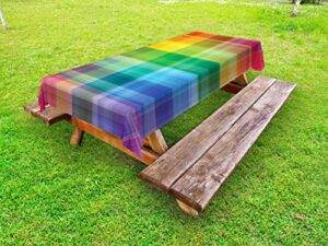 ambesonne vintage rainbow outdoor tablecloth, retro plaid design checkered squares rainbow colored geometric pattern, decorative washable picnic table cloth, 58″ x 84″, orange green