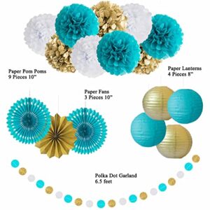 ANSOMO Teal Blue and Gold Party Decorations Turquoise Aqua Paper Fans Lanterns Tissue Pom Poms Bridal Baby Shower Birthday Wall Hanging Decor Wedding Graduation