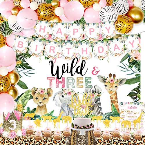 Young Wild and Three Decorations Girls, Party Inspo Safari Birthday 3rd Girl, Boho Floral Jungle Theme Third, Supplies Kit, Banner Backdrop Cake Toppers Balloon Arch Poster Crown, Pink