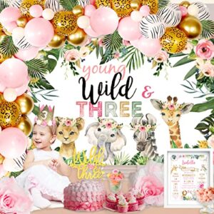 Young Wild and Three Decorations Girls, Party Inspo Safari Birthday 3rd Girl, Boho Floral Jungle Theme Third, Supplies Kit, Banner Backdrop Cake Toppers Balloon Arch Poster Crown, Pink