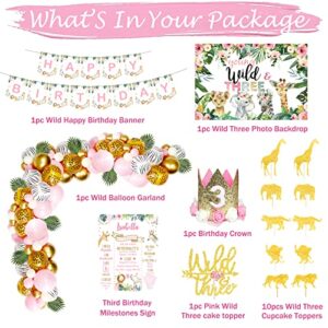 Young Wild and Three Decorations Girls, Party Inspo Safari Birthday 3rd Girl, Boho Floral Jungle Theme Third, Supplies Kit, Banner Backdrop Cake Toppers Balloon Arch Poster Crown, Pink