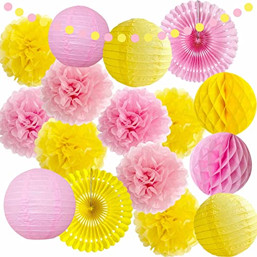 ANSOMO Pink and Yellow Party Decorations Lemon Birthday Bridal Baby Shower Lemonade Sunshine Wedding Wall Hanging Décor Tissue Pom Poms Paper Fans Lanterns