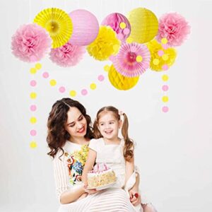 ANSOMO Pink and Yellow Party Decorations Lemon Birthday Bridal Baby Shower Lemonade Sunshine Wedding Wall Hanging Décor Tissue Pom Poms Paper Fans Lanterns