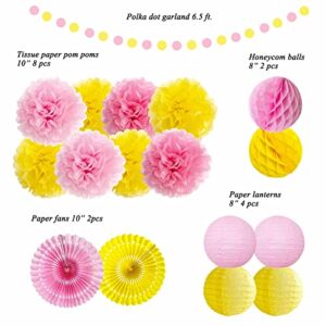 ANSOMO Pink and Yellow Party Decorations Lemon Birthday Bridal Baby Shower Lemonade Sunshine Wedding Wall Hanging Décor Tissue Pom Poms Paper Fans Lanterns