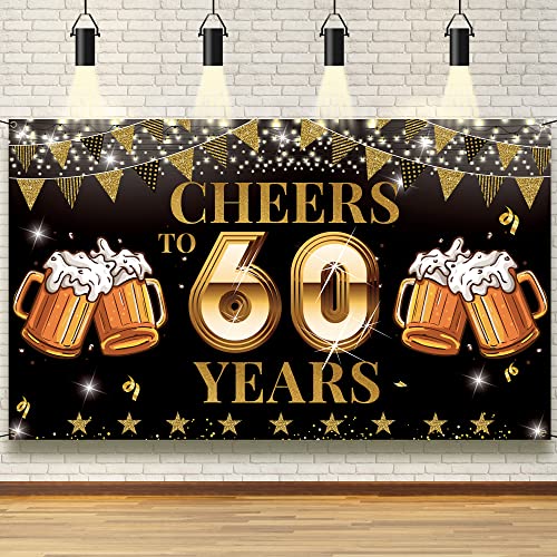 Cheers to 60 Years Backdrop Banner, Happy 60th Birthday Decorations for Men Women, 60th Anniversary Decorations, 60th Reunion, Black Gold 60 Years Celebration Party Decor, Vicycaty (6.1ft x 3.6ft)