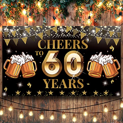 Cheers to 60 Years Backdrop Banner, Happy 60th Birthday Decorations for Men Women, 60th Anniversary Decorations, 60th Reunion, Black Gold 60 Years Celebration Party Decor, Vicycaty (6.1ft x 3.6ft)