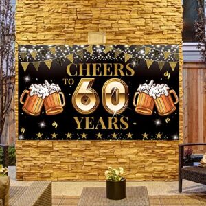 Cheers to 60 Years Backdrop Banner, Happy 60th Birthday Decorations for Men Women, 60th Anniversary Decorations, 60th Reunion, Black Gold 60 Years Celebration Party Decor, Vicycaty (6.1ft x 3.6ft)