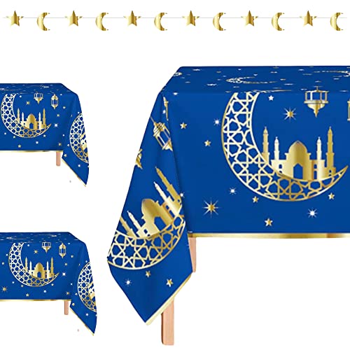 Oojami 3pk Ramadan Eid Mubarak Table Cover Includes 1 Crescent and Star Banner, Ideal for Ramadan and Eid (Blue)