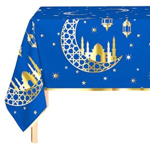 Oojami 3pk Ramadan Eid Mubarak Table Cover Includes 1 Crescent and Star Banner, Ideal for Ramadan and Eid (Blue)