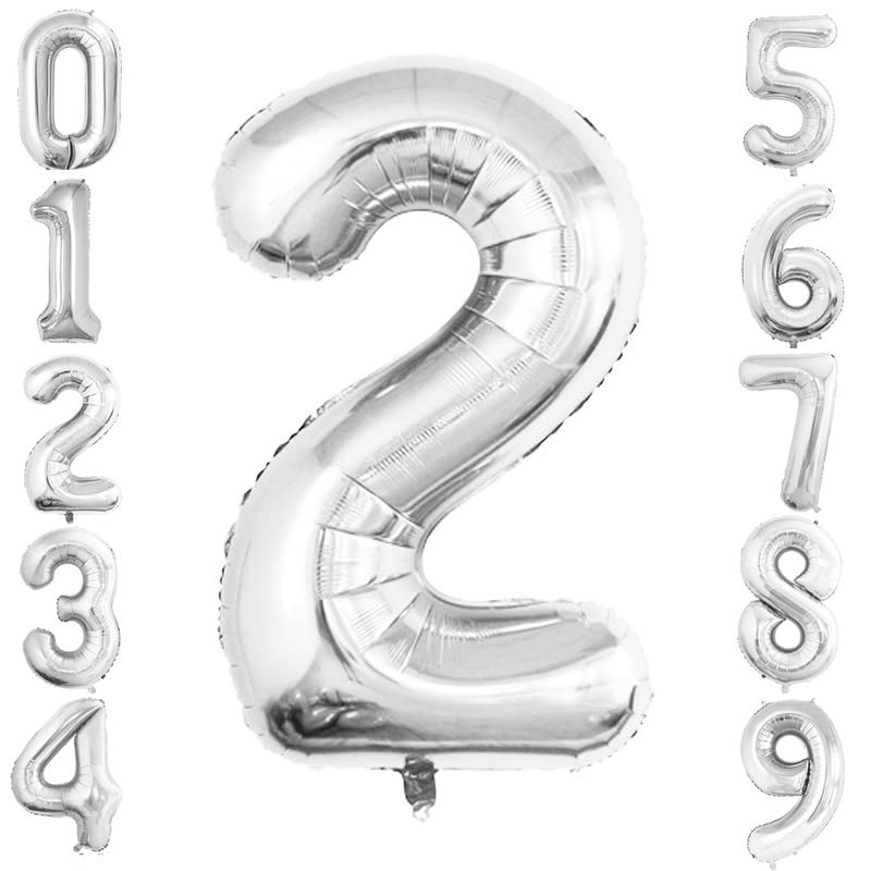 GOER 2 Pcs 42 Inch Silver Foil Balloons Number 2,Huge Number Balloons for 2nd 22nd Birthday Party Supplies Anniversary Decorations