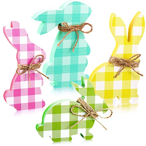 4 Pieces Easter Bunny Table Wooden Signs Bunny Shaped Farmhouse Decor Spring Bunny Wood Tabletop Easter Decorations Easter Bunny Dining Room Table Decor Sign Wood Bunny Decor with Rope (Cute Style)