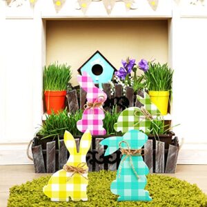 4 Pieces Easter Bunny Table Wooden Signs Bunny Shaped Farmhouse Decor Spring Bunny Wood Tabletop Easter Decorations Easter Bunny Dining Room Table Decor Sign Wood Bunny Decor with Rope (Cute Style)