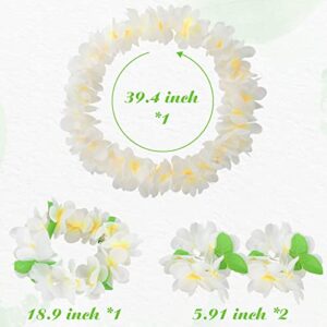 LovesTown 4 PCS Hawaiian Lei Set, White Luau Wreath Garland Hawaii Leis Flower Headpiece Necklace Bracelet Birthday Holiday Party Favor