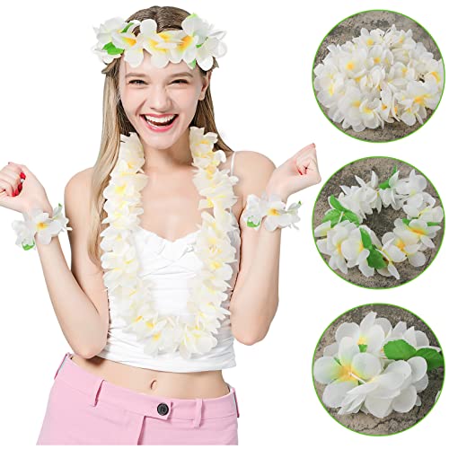 LovesTown 4 PCS Hawaiian Lei Set, White Luau Wreath Garland Hawaii Leis Flower Headpiece Necklace Bracelet Birthday Holiday Party Favor