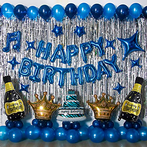 Birthday Decorations Men Happy Birthday Balloons for Women Blue and Gold Bday Party Suppliers with Rain Curtains Girls Boys suit for Age 13th 16th, 18th, 21st, 30th, 40th, 50th, 60th Birthday Decor