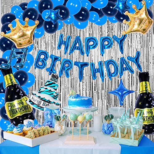 Birthday Decorations Men Happy Birthday Balloons for Women Blue and Gold Bday Party Suppliers with Rain Curtains Girls Boys suit for Age 13th 16th, 18th, 21st, 30th, 40th, 50th, 60th Birthday Decor