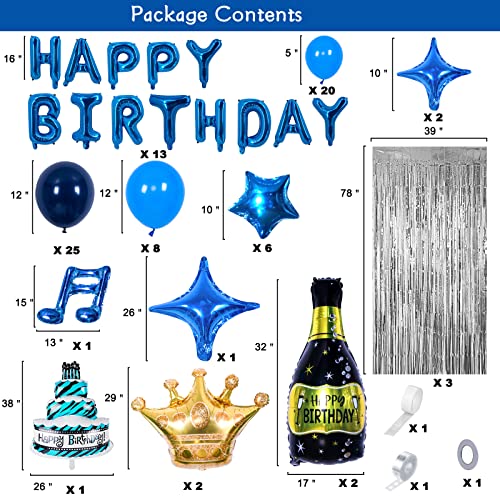 Birthday Decorations Men Happy Birthday Balloons for Women Blue and Gold Bday Party Suppliers with Rain Curtains Girls Boys suit for Age 13th 16th, 18th, 21st, 30th, 40th, 50th, 60th Birthday Decor