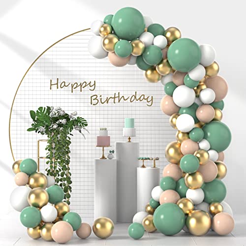 Sage Green White Gold Nude Balloons Arch Kit, 120 PCS 18in 12in 5in Latex Olive Green White Metallic Gold Blush Balloons Garland Arches Kit for Birthday, Wedding, Anniversary, Jungle, Party Decoration