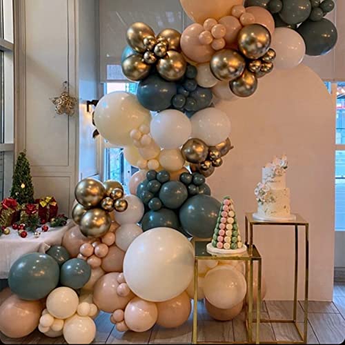 Sage Green White Gold Nude Balloons Arch Kit, 120 PCS 18in 12in 5in Latex Olive Green White Metallic Gold Blush Balloons Garland Arches Kit for Birthday, Wedding, Anniversary, Jungle, Party Decoration