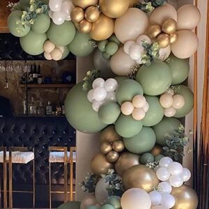 Sage Green White Gold Nude Balloons Arch Kit, 120 PCS 18in 12in 5in Latex Olive Green White Metallic Gold Blush Balloons Garland Arches Kit for Birthday, Wedding, Anniversary, Jungle, Party Decoration