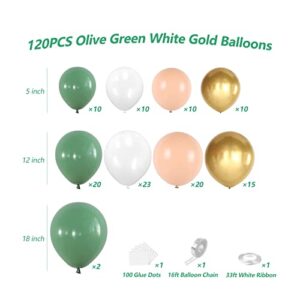 Sage Green White Gold Nude Balloons Arch Kit, 120 PCS 18in 12in 5in Latex Olive Green White Metallic Gold Blush Balloons Garland Arches Kit for Birthday, Wedding, Anniversary, Jungle, Party Decoration