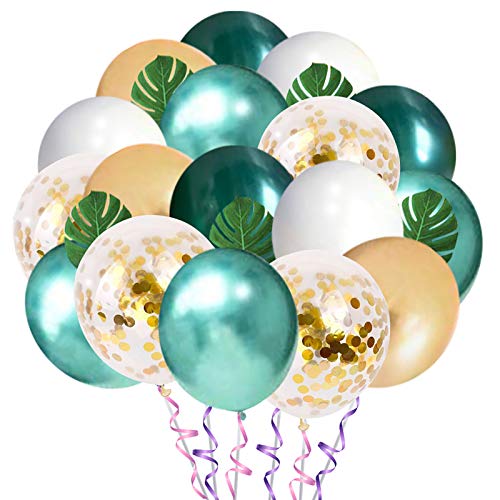 Jungle Theme Party Balloons 50 Pack, 12 Inches Green White Gold Latex Balloons with 10pcs Palm Leaves for Baby Shower, Tropical, Birthday Party Decorations