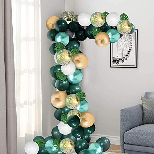 Jungle Theme Party Balloons 50 Pack, 12 Inches Green White Gold Latex Balloons with 10pcs Palm Leaves for Baby Shower, Tropical, Birthday Party Decorations