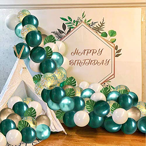 Jungle Theme Party Balloons 50 Pack, 12 Inches Green White Gold Latex Balloons with 10pcs Palm Leaves for Baby Shower, Tropical, Birthday Party Decorations