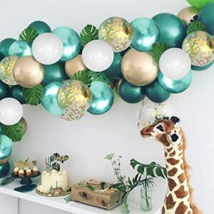 Jungle Theme Party Balloons 50 Pack, 12 Inches Green White Gold Latex Balloons with 10pcs Palm Leaves for Baby Shower, Tropical, Birthday Party Decorations