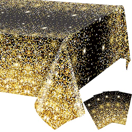 4 Pack Black and Gold Table Covers Black and Gold Tablecloth 54 x 108 Inch Gold Dots Confetti Plastic Tablecloths Rectangle Disposable Party Table Covers for Graduation Birthday Wedding Anniversary