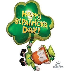 happy st. patrick’s day leprechaun & shamrock 33″ mylar balloon