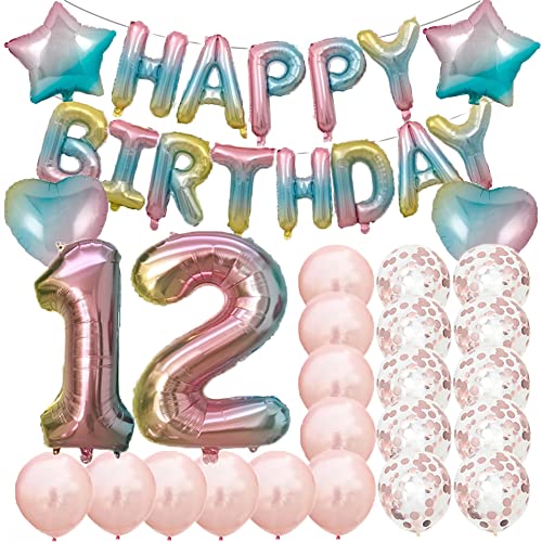 Sweet 12th Birthday Decorations Party Supplies,Rainbow Number 12 Balloons,12th Foil Mylar Balloons Rose Gold Latex Balloon Decoration,Great 12th Birthday Gifts for Girls,Women,Men,Photo Props