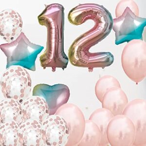 Sweet 12th Birthday Decorations Party Supplies,Rainbow Number 12 Balloons,12th Foil Mylar Balloons Rose Gold Latex Balloon Decoration,Great 12th Birthday Gifts for Girls,Women,Men,Photo Props