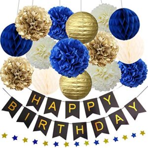 inby 17pcs navy blue and gold party decoration kit for baby boy shower men women birthday decoration happy birthday banner 12″ 10″ 8″ tissue paper flower pom poms lantern honeycomb ball