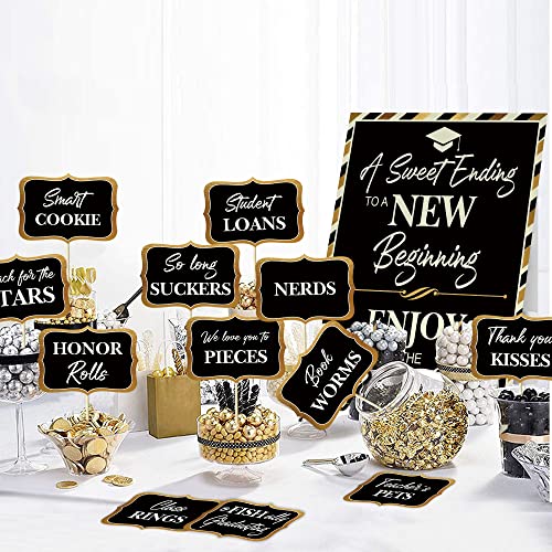 Graduation Candy Buffet Labels, Black Gold Grad Party Buffet Table Sign Set, Graduation Party Dessert Food Label Decorations