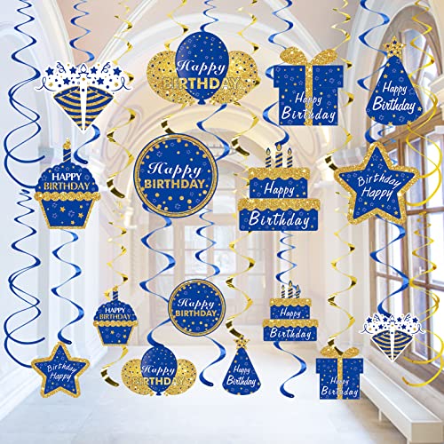 Blue Gold Birthday Hanging Swirls Decorations for Men Women, Happy Birthday Foil Swirls Party Supplies, 10th 16th 21st 30th 40th 50th 60th Bday Ceiling Hanging Decor