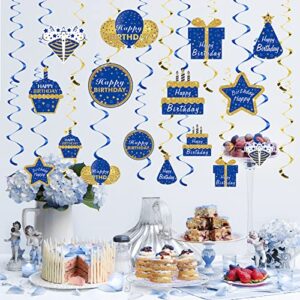 Blue Gold Birthday Hanging Swirls Decorations for Men Women, Happy Birthday Foil Swirls Party Supplies, 10th 16th 21st 30th 40th 50th 60th Bday Ceiling Hanging Decor