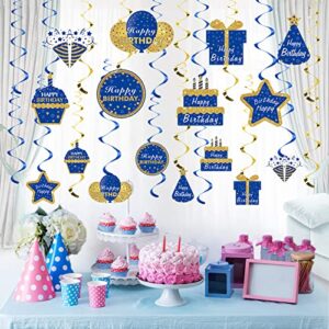 Blue Gold Birthday Hanging Swirls Decorations for Men Women, Happy Birthday Foil Swirls Party Supplies, 10th 16th 21st 30th 40th 50th 60th Bday Ceiling Hanging Decor