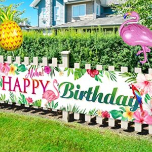 Large Hawaiian Aloha Happy Birthday Banner Luau Party Decorations Tropical Flamingo Birthday Banner Yard Sign for Indoor Outdoor Hanging Supplies Decor with Flamingo Pineapple Balloons